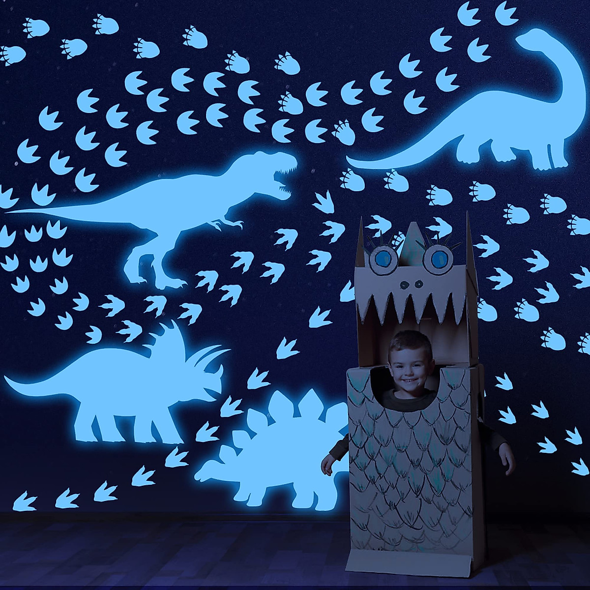 Dinosaur Wall Decals Stickers Glow in The Dark Dino Wall Decal Large Removable Vinyl Dinosaur Feet Wall Sticker for Boys Girls Kids Bedroom Playroom Nursery Wall Decor (Blue)
