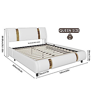TTVIEW Modern Faux Leather Upholstered Platform Bed Frame with Golden Iron Metal Decor, Adjustable Curved Headboard, Wooden Slats Support, No Box Spring Needed, Queen Size, White