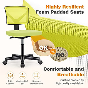 Sweetcrispy Office Computer Desk Chair, Ergonomic Low-Back Mesh Rolling Work Swivel Chairs with Wheels, Armless Comfortable Seat Lumbar Support for Home, Bedroom, Study, Student, Adults, Green