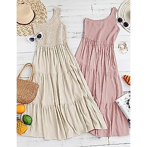 ZESICA Women's 2023 Bohemian Summer Floral Print One Shoulder Sleeveless Smocked Ruffle Tiered Beach Long Midi Dress,Beige,Large