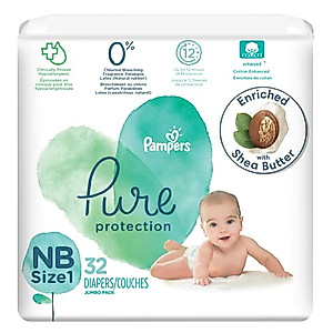 Diapers Size 1/Newborn, 32 Count - Pampers Pure Protection Disposable Baby Diapers, Hypoallergenic and Unscented Protection, Jumbo Pack (Packaging & Prints May Vary)