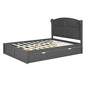 EMKK Queen Bed with Trundle and 2 Drawers, Wood Queen Size Platform Bed Frame Space-Saving Queen Size Bed for Boys, Girls, Kids, Teens and Adults