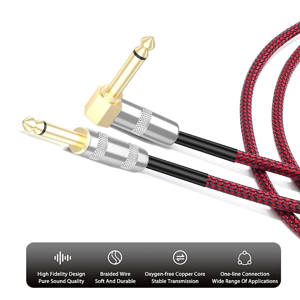 YESPURE 10Ft Guitar Lead Cable,1/4 Straight to Right Angle Audio Instrument Cables for Electric Guitar, Bass Guitar,Electric Mandolin,Electric Bass,Pro Audio（10Ft/3M Red）