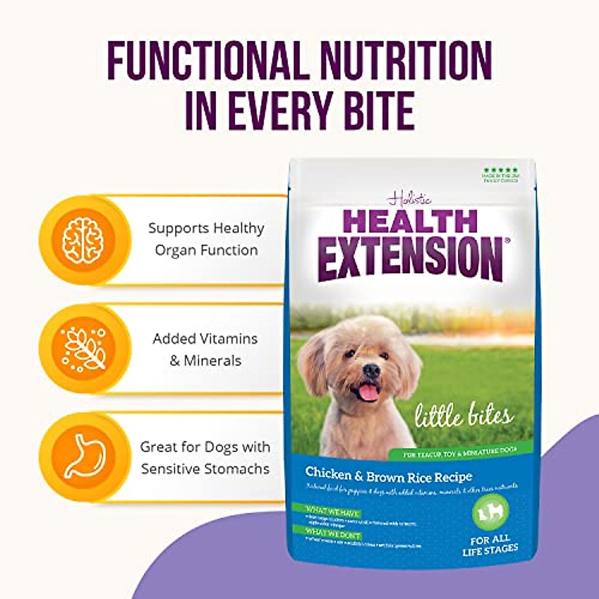 Health Extension Little Bites Dry Dog Food, Natural Food with Added Vitamins & Minerals, Suitable for Teacup, Toy & Miniature Dogs, Chicken & Brown Rice Recipe (4 Pound / 1.8 Kg)