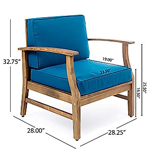 Christopher Knight Home Perla Outdoor Acacia Wood Club Chairs with Water Resistant Cushions, 2-Pcs Set, Teak Finish / Blue