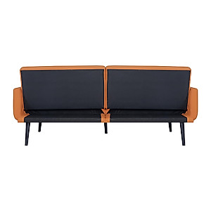 Naomi Home Monica Leather Futon Sofa, Caramel, Mid Century Modern Style, Faux Leather, Split Back, Tapered Legs, Living Room, 78.34x33.85x32.48 inches, 300 pounds Weight Recommendation