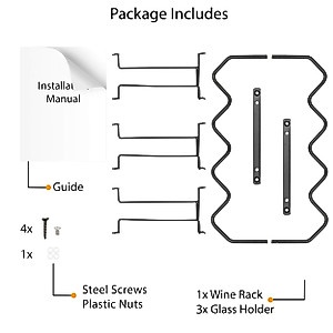 Wallniture Piccola Under Cabinet Wine Rack & Glasses Holder Kitchen Organization with 4 Bottle Organizer Metal Black