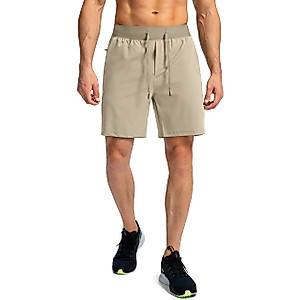 Men's Running Shorts with Zipper Pockets 7 Inch Lightweight Quick Dry Gym Athletic Workout Shorts for Men (Khaki, L)