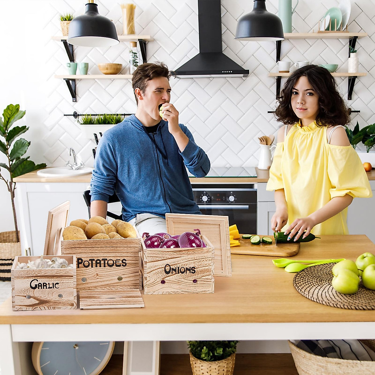 Frcctre 3 Pack Vegetable Storage Bins, Farmhouse Potato Onion Garlic Kitchen Storage Canisters Set, Wooden Stackable Vegetable Keeper with Lid and Aerating Holes for for Pantry Organization