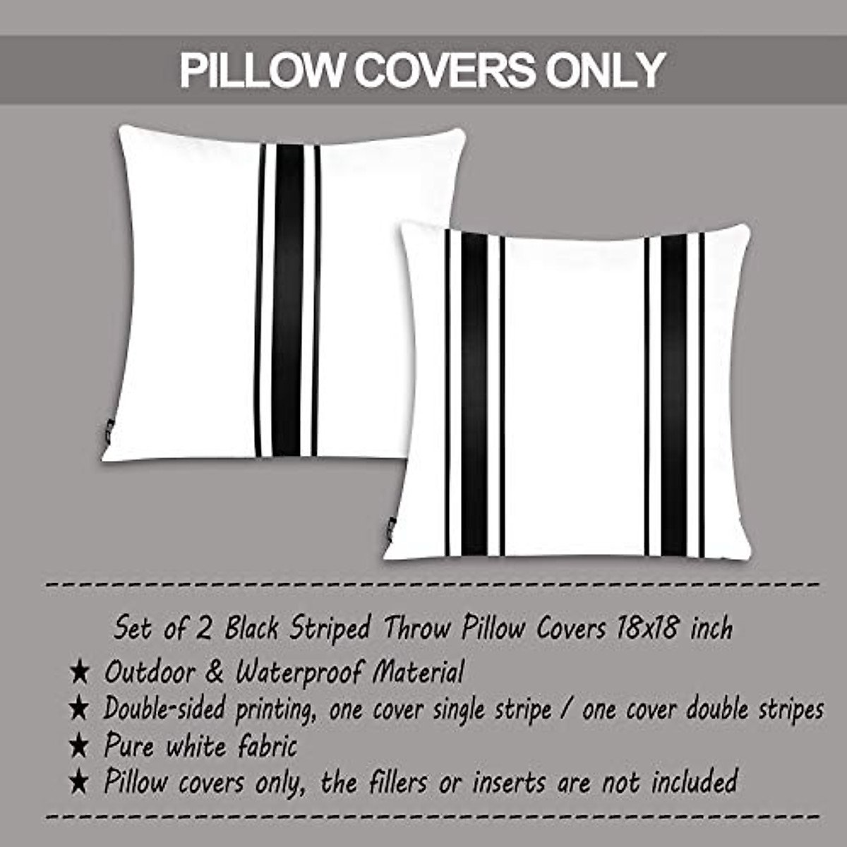 JOJOGOGO Black and White Outdoor Pillow Covers 18x18 Waterproof Set of 2 Black Striped Decorative Pillow Case for Patio Furniture Sunbrella