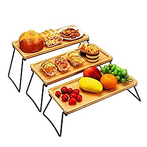 Bamboo 3 Tier Serving Tray with Iron Frame, Dessert Table Display Set and Cupcake Stand for Party, Rectangular Serving Tray Bamboo Farmhouse Layer Tray, Party Serving Decoration Tray