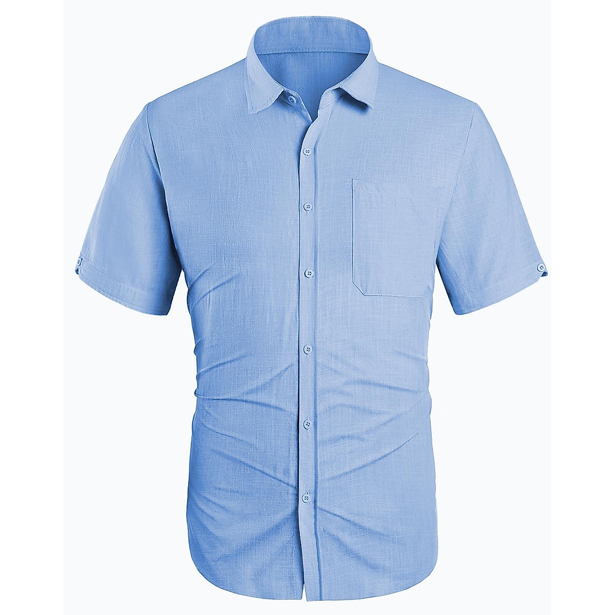 Mens Button Down Shirts Casual Short Sleeve Linen Tops Cotton Lightweight Fishing Tees Spread Collar Plain Shirt