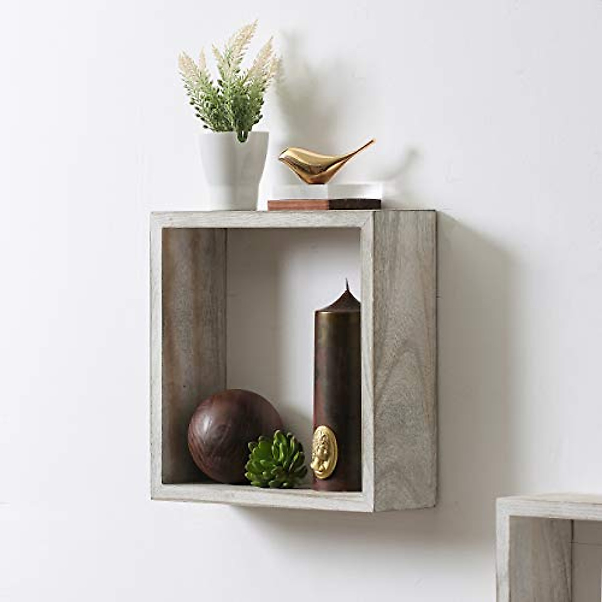 KMwares Set of 3 (12“/10”/8“) Rustic White Grey Paulownia Wood Square/Cube Farmhouse Floating Shelves Wall Mounted Storage/Bookshelf/Shadow Wall Boxes - Decoration for the Living Room, Bedroom, Office