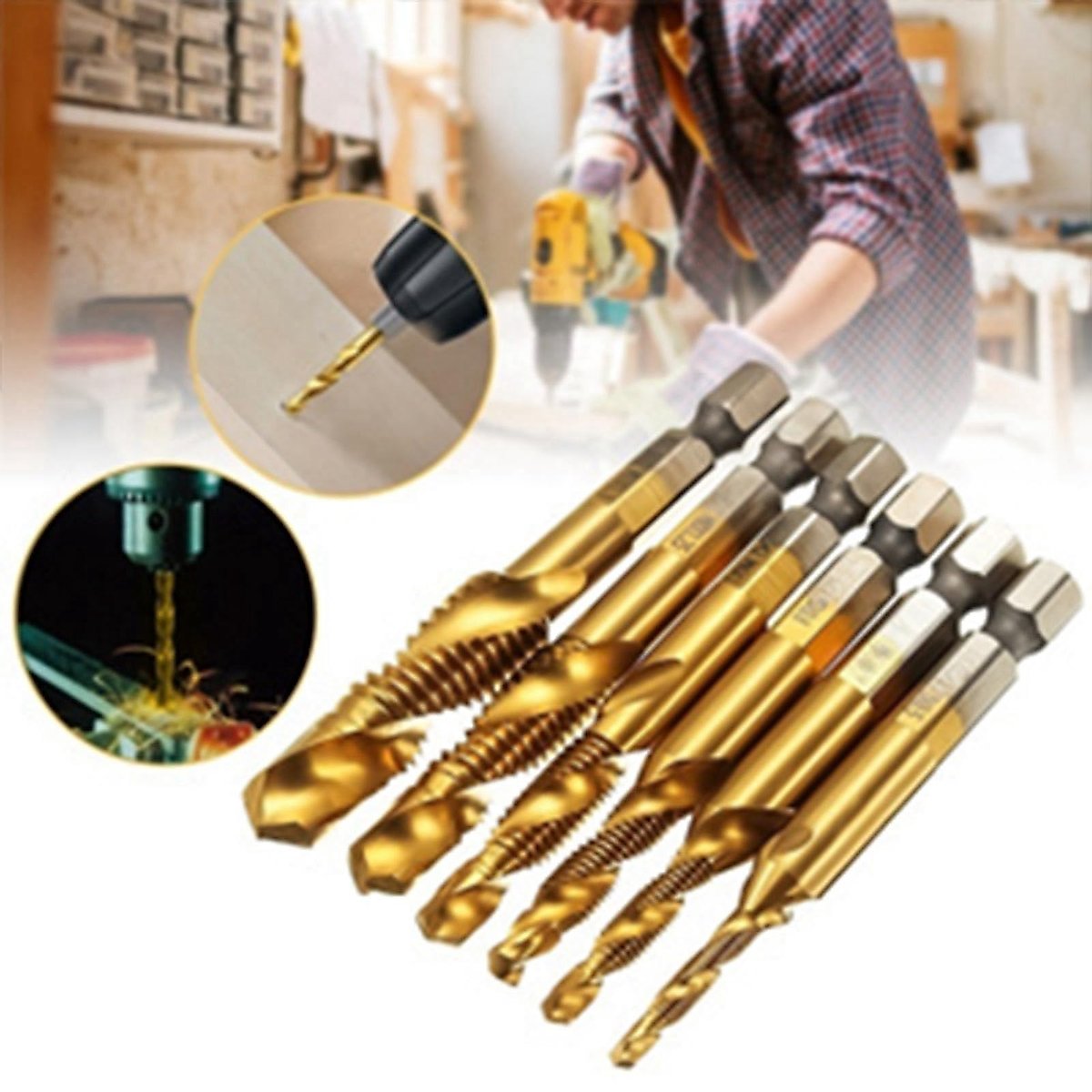 6Pcs 1/4" Hex Shank Screw Tap,M3-M10 Hss Spiral Thread Drill Bits, Coated Composite Drilling Screw Tapping Bits Tool Set Kit