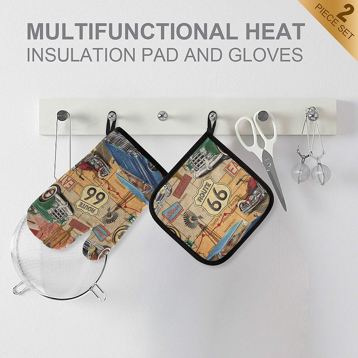 OURVII 2 pcs Vintage Route 66 Oven Mitts and Pot Holders Set Retro Car Hot Pads Kitchen Oven Gloves for Women Men Baking Cooking