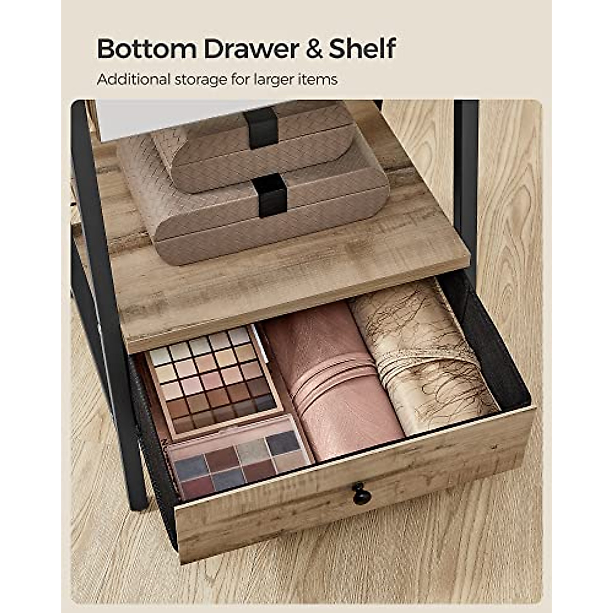 SONGMICS LED Mirror Jewelry Cabinet Standing, Lockable Jewelry Armoire with Full-Length Mirror, Space-Saving Jewelry Organizer with Mirror, Drawer and Shelf, Toasted Oak Color UJJC025N01