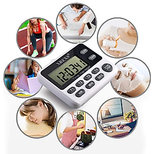 XREXS 4 Channels Digital Kitchen Timer Clock, Cooking Timer with Large LCD Display, 4 Groups Simultaneous Timing Countdown Up Pocket Timer, Magnetic Attachable (Battery Included) (396)