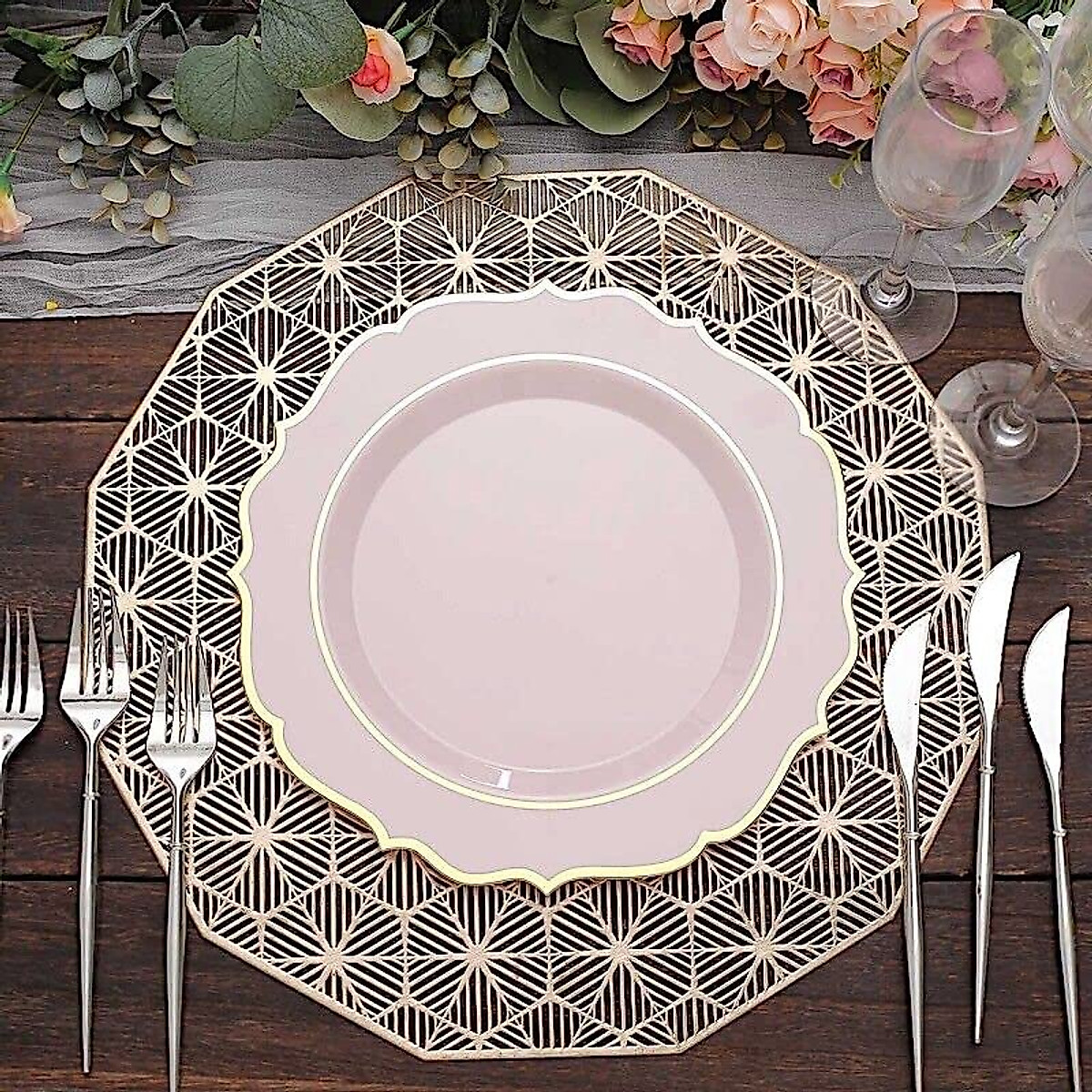 30 Pcs of 10.5" Blush Round Dinner Plates With Gold Scalloped Rim Wedding Tableware