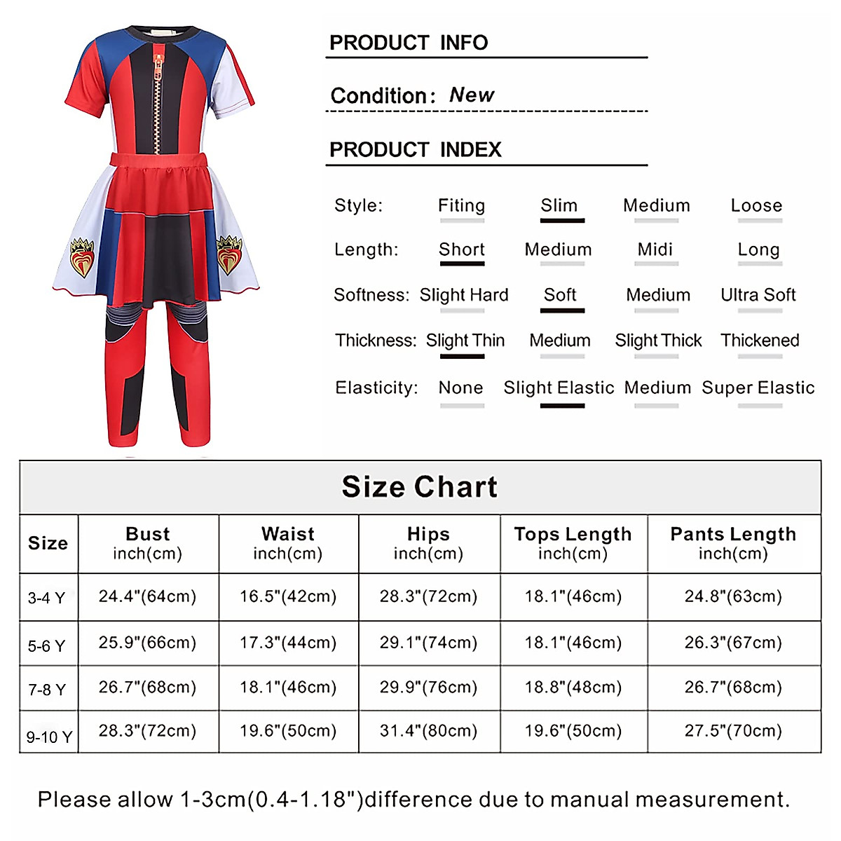 HenzWorld Descendants Evie Costume Kids Halloween Cosplay Birthday Gift Pretend Play Dress up Fancy Party Clothes Pants Set Wig Red,7-8 Years