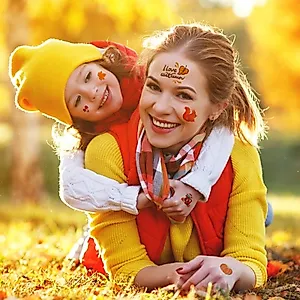 65 Pieces Fall Temporary Tattoos for Kids, 12 Sheets Autumn Harvest Thanksgiving Temporary Tattoo Stickers With Pumpkin Maple Leaves Squirrels Deer Design for Fall Party Decorations Favors Festival