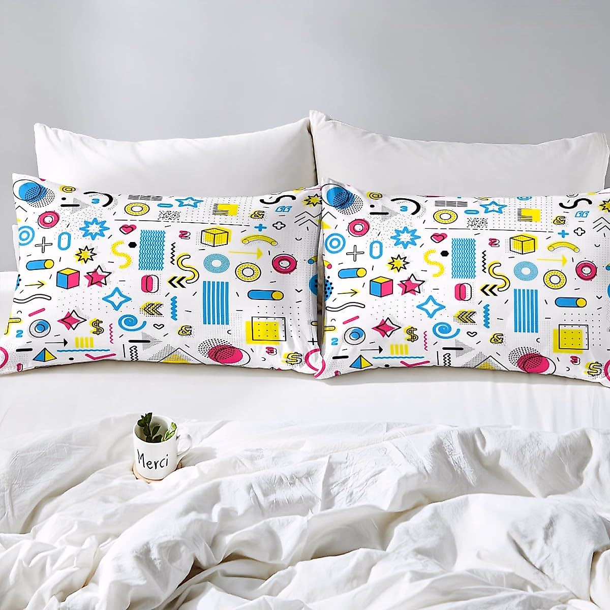 Erosebridal 80's Memphis Style Fitted Sheet Full Size Hipster Retro Bed Sheets 70s and 90s Hip Hop Funny Bed Set Math Themed Bedding Set Geometry Stripes Print Bedding Memphis Home Decor