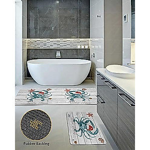 Christmas Bath Mat for Tub,Non Slip Bathroom Floor Runner Rug Quick Dry & Absorbent Diatomaceous Earth Shower Sink Bedroom Kitchen Washable Doormat,Farmhouse Xmas Ocean Crab Red Santa 18x30+18x60