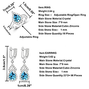 LMXXVJ Sky Blue Crystal Necklace Earrings Bracelet Adjustable Ring Set for Women White Gold Plated Wedding Party Jewelry Sets with Water Drop Shaped Stone