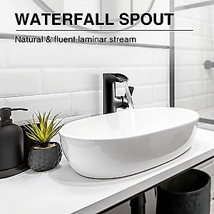 Waterfall Bathroom Faucet - WaterSong Matte Black Bathroom Faucet for Sink 360° Swivel Single Handle One Hole Vanity Faucet, Farmhouse RV Bathroom Vessel Basin Faucet Deck Mount, 100% Lead-Free