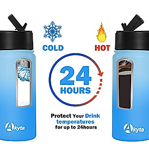 Akyta 16 oz Kids Water Bottle- Stainless Steel Vacuum Insulated Water Bottles, Keep Water Cold or Hot, Leakproof Wide Mouth Thermos Sports Metal Water Bottle With Straw/Spout lid (Blue, 16oz)