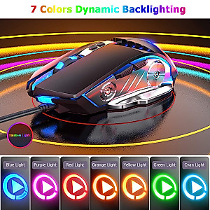 Censprin Gaming Mouse USB Wired RGB Backlit Silent Click Gamer Mouse with 4 Adjustable DPI Up to 3200, Comfortable Grip Ergonomic Optical Gaming Mice for Laptop PC Gamer Computer Desktop