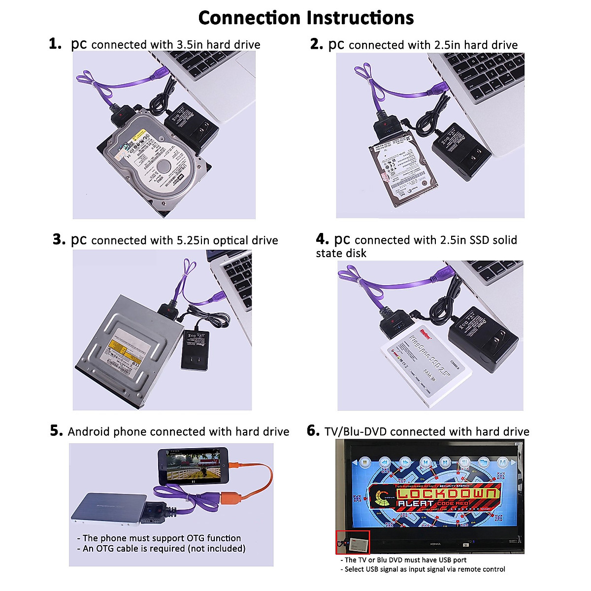 DTech Slim USB to Hard Drive Cable HDD SSD 3.5 2.5 Inch 22 pin SATA to USB 2.0 Adapter with Power Supply LED Indicators External Converter for Laptop Desktop Computer SATAIII Disk Data Transfer