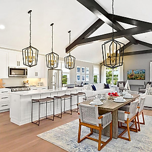 WJShome Lantern Pendant Light, 4-Light Gold Farmhouse Pendant Light, Modern Ceiling Hanging Light Fixture for Bedroom Kitchen Island Foyer Aisle Living Room Entryway Dining Room Hallway.