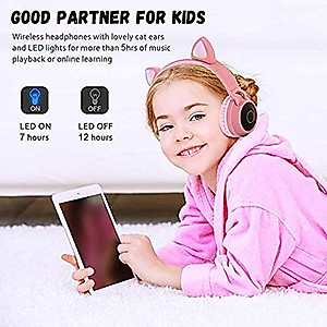 Wireless Bluetooth Kids Headphones, Damikan Cat Ear Bluetooth Over Ear Headphones, LED Lights, FM Radio, TF Card, Aux, Mic for iPhone/iPad/Kindle/Laptop/PC/TV (Purple)