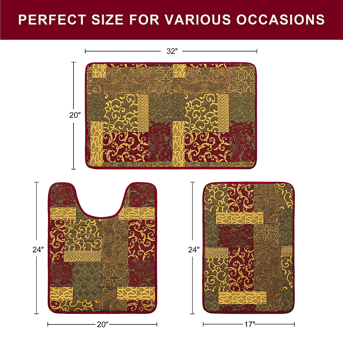 Loom and Mill Luxury Bathroom Rug Set 3 Pieces, Thick Chenille Memory Foam Bath Rugs Non Slip Absorbent Washable Bath Mats Set with U Shaped Toilet Mat for Bathroom, Toilet, Bedroom, Kitchen(Red&Gold)