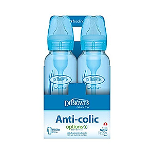 Dr. Brown’s Natural Flow® Anti-Colic Options+™ Narrow Baby Bottles, 8 oz/250ml, with Level 1 Slow Flow Nipple, 4 Pack, Blue/Clear