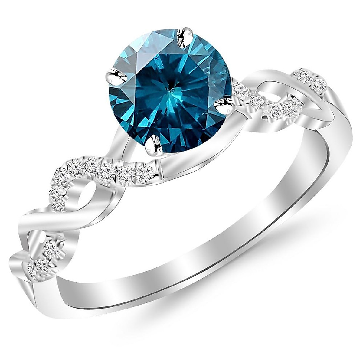 1.13 Carat 14K White Gold Twisting Infinity Gold and Diamond Split Shank Pave Set Diamond Engagement Ring with a 1 Carat Blue Diamond Center (Heirloom Quality)