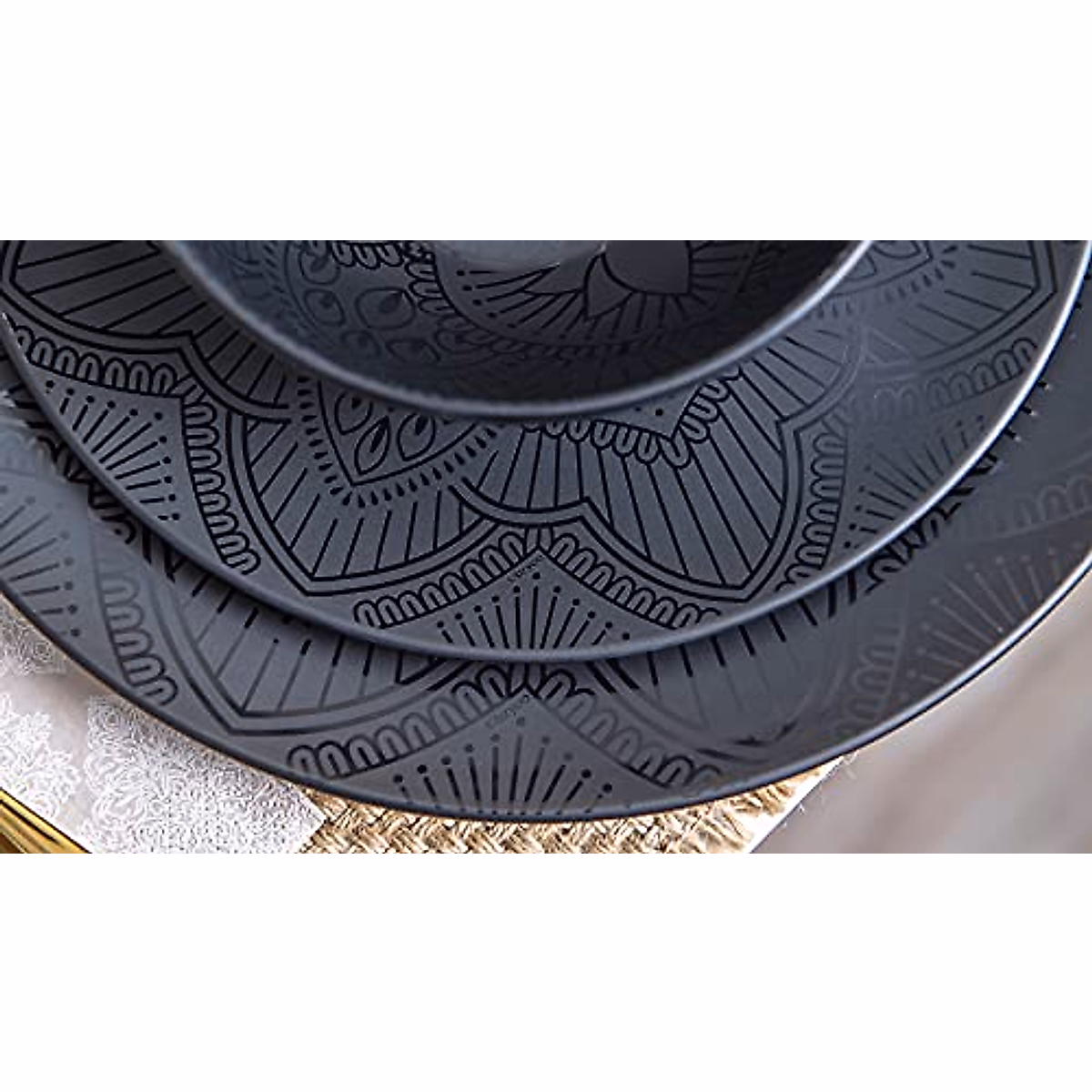 bzyoo BPA-Free Dishwasher Safe 100% Melamine Plastic Plate & Bowl Set Casual dining Indoor and Outdoor Dining Party Environmental Friendly (12 PCS set, Service for 4, La la Mandala -black)