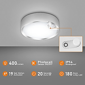 TOOWELL Motion Sensor Ceiling Light Battery Operated Indoor/Outdoor LED Ceiling Lights for Closet Hallway Pantry Laundry Stairs Garage Bathroom Shower Porch Shed Wall 400LM Motion Activated Light