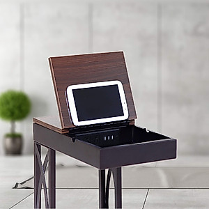 Leisure Space SeeTable - Stash with Device Stand, Charging Station, and Storage (Dark Brown Frame/Walnut Finish Table Top) - C Table/End Table/Side Table/Accent Table