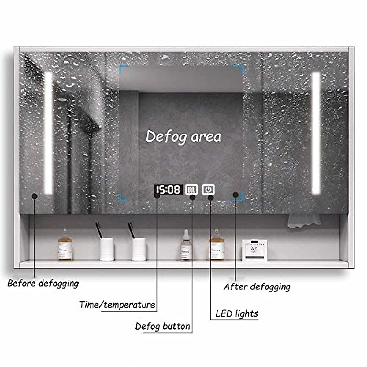 TISSY Bathroom Mirror Cabinet, Wall Mounted Smart Medicine Cabinet with LED Mirror, Anti-Fog Waterproof, Touch Switch, Wooden Housewarming Gift, 90cm/36inch (Color : Black, Size : 80cm)