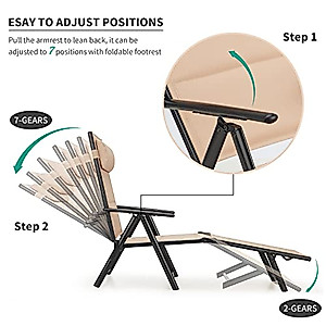 GYUTEI Outdoor Folding Lounge Chair 2 Sets Reclining Adjustable Lightweight Chaise Lounge Chair with 7 Position Adjustable Backrest for Beach,Swimming Poolside,Patio(Khaki)