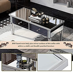 OPTOUGH Modern Glass Mirrored Coffee Table with 2 Drawers, Cocktail Platform with Crystal Handles and Adjustable Height Legs for Living Room, Silver
