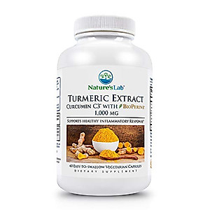 Nature's Lab Turmeric Extract with Curcumin C3 & BioPerine 1000mg - Promotes Cardiovascular, Digestion and Immune Health - 60 Capsules (30 Day Supply)