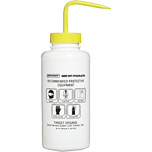 SP Bel-Art Right-to-Know Safety-Vented/Labeled 4-Color Sodium Hypochlorite (Bleach) Wide-Mouth Wash Bottles; 1000ml (32oz), Polyethylene w/Yellow Polypropylene Cap (Pack of 2) (F11832-0015)