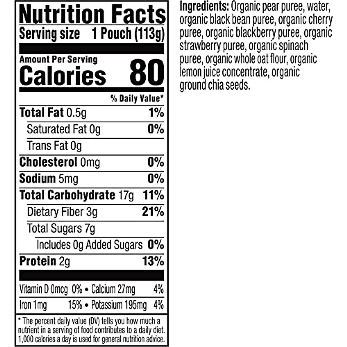 Plum Organics Mighty 4 Blends Pear, Cherry, Blackberry, Strawberry, Black Bean, Spinach & Oat, 4 Oz