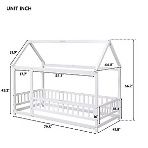 LLS Twin Montessori Bed Frame, Wooden House Bed with Fence and Roof, Floor Bed for Boys Girls Bedroom, Natural