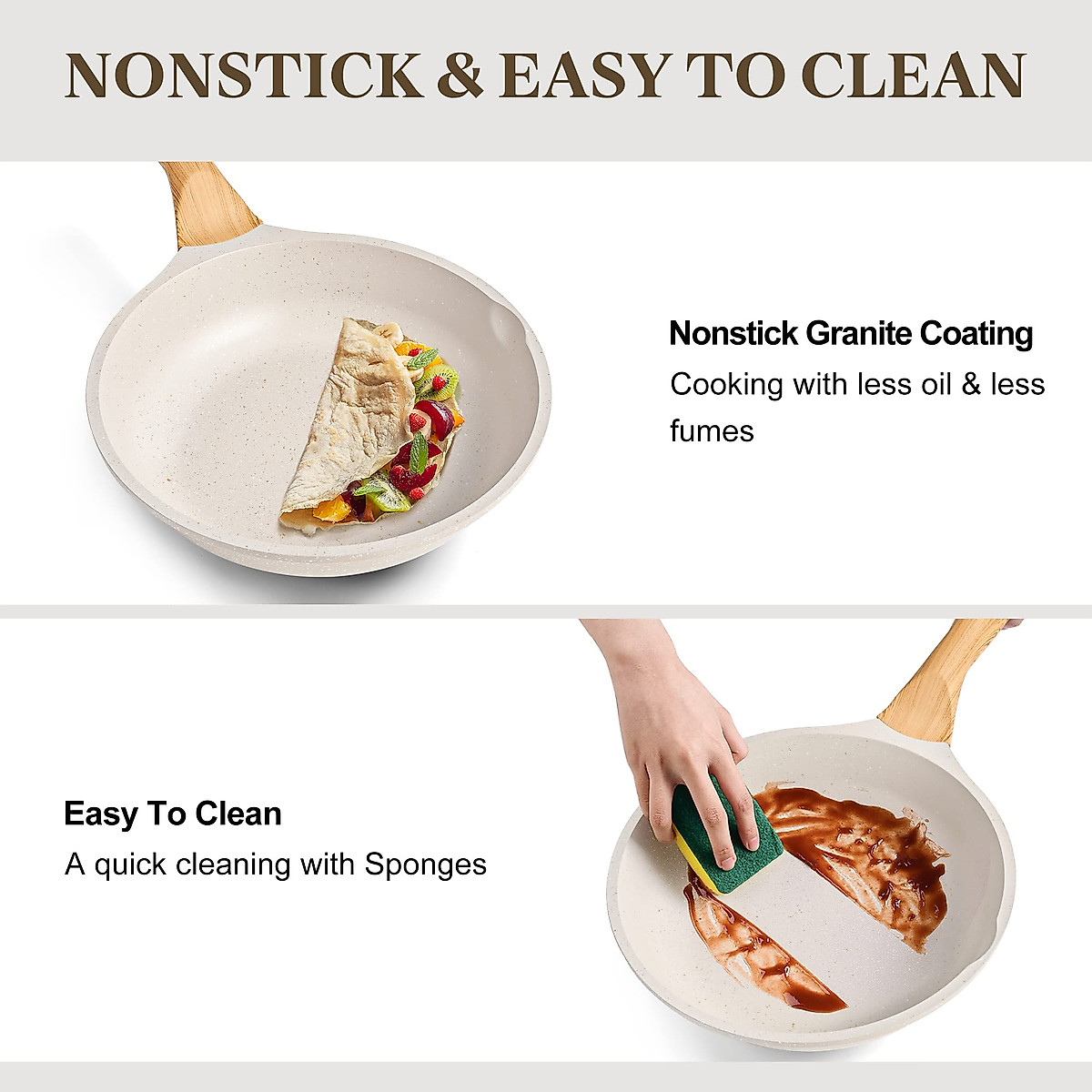 Caannasweis Nonstick Pots and Pans Set, Beige Granite Induction Kitchen Cookware Sets, 14 Pieces Non Stick Cooking Set, Large Capacity Saute Pan, PFOA Free