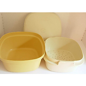 Tupperware Microwave Three Piece Vintage Square Rice Vegetable Steamer Almond and Gold