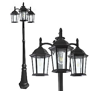 ZJOJO Outdoor Post Light, Triple-Head LED Street Light, 2700K,1100lumens, Vintage Clear Glass Shade Lamp Lights Fixture for Garden Backyard Patio Walkway Lighting-Black C819