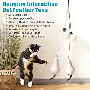 Otunrues Cat Feather Toys, Interactive Cats Toy for Indoor Cats, Hanging Cat Toys Doorway Retractable Cat Teaser Toy 4PCS Replaceable Natural Feathers Refills Play Exercise Puzzle Toys